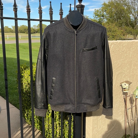 Perry Ellis | Jackets & Coats | Perry Ellis Leather Wool Black Jacket L ...